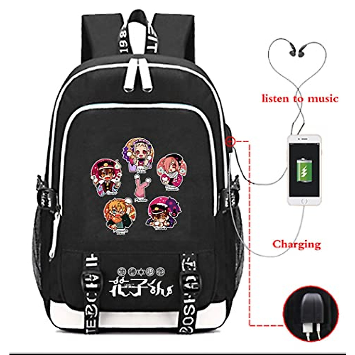 TIMMOR MAGIC Anime Toilet-Bound Hanako-kun Backpack with USB Charging Port, School Bookbags for Women Men.(Black7) One Size