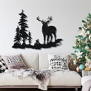 Metal Deer Squirrel Art, Tree Mountain Metal Wall Decor, Deer Decoration, Metal Forest Wall Art, Metal Tree Mountain Decor, Wall Hanging, Nature Signs,Wildlife Metal Wall Decor, Nature View Wall Art (BLACK, 23 x 29.52" / 59.6 x 75 cm)