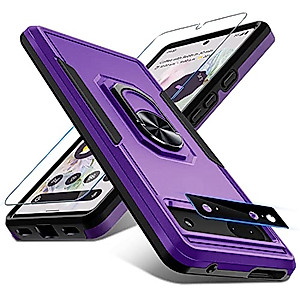 Google Pixel 7 Case with Screen Protector + Camera Lens Protector,Heavy Duty Shockproof Full Body Protective Phone Cover,Built in Rotatable Magnetic Ring Holder Kickstand,2022 Lavender