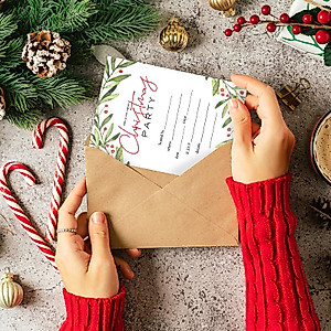 Whaline 25 Pack Christmas Party Invitation Cards Holly Greenery Watercolor Leaves&Berries Invitation Paper Cards with Envelopes Xmas Holiday Party Invites