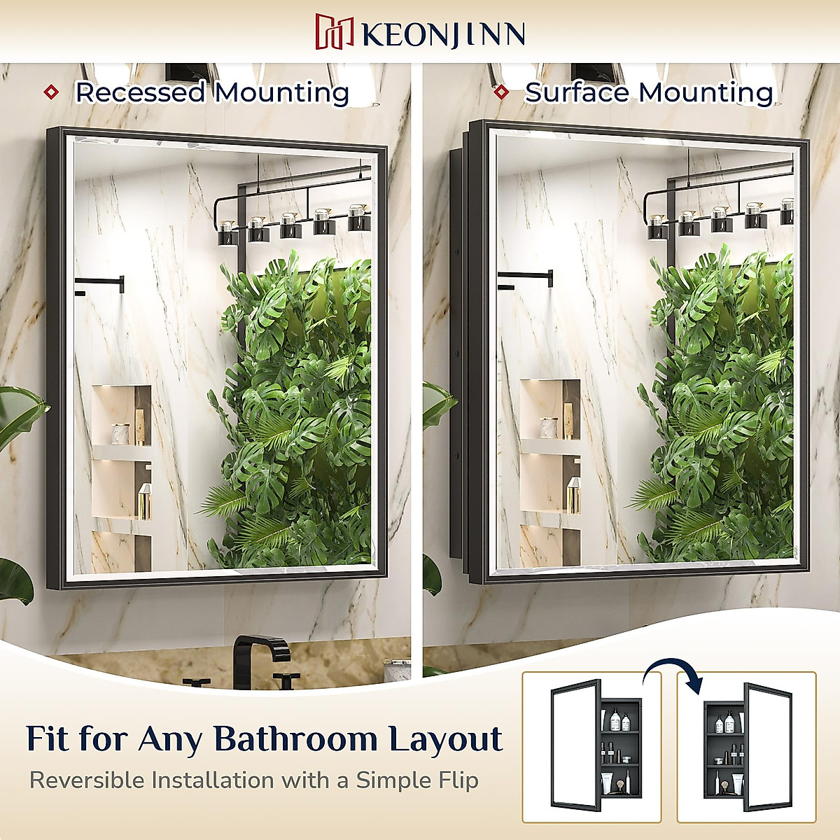 Keonjinn 21" x 27" Black Bathroom Medicine Cabinets with Mirror, Recessed or Surface Wall-Mounted Aluminum Alloy Metal Framed Beveled Mirror, Single Door Farmhouse Bathroom Mirror with Storage Cabinet