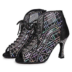 HROYL Women's Ballroom Latin Salsa Dance Shoes Lace-up Open-toe Dance Boots,YCL434-Black-7.5,US8.5