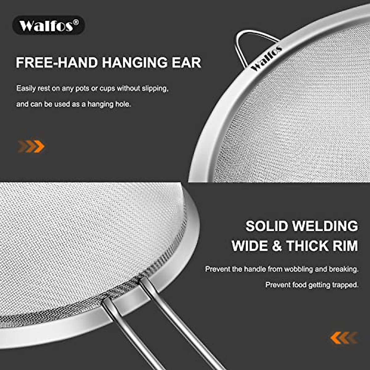 Walfos 9 Inch Large Fine Mesh Strainer, Kitchen Metal Food Strainers with Sturdy Handle, Stainless Steel 30 Mesh Sieve Sifters for Rice, Quinoa, Pasta, Fruits, Vegetables, etc.