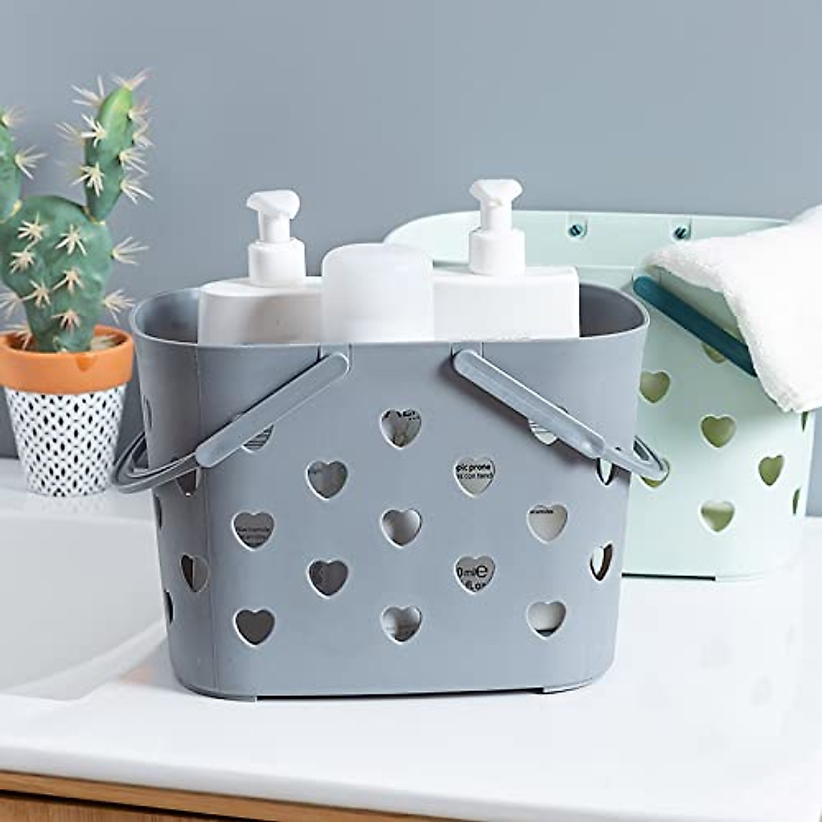 Portable Shower Caddy Tote Plastic Storage Basket With Handle Box Organizer For Bathroom Pantry Kitchen College Dorm Waterproof Washable Tip Proof Durable Ball Storage Containers with (Pink, One Size)