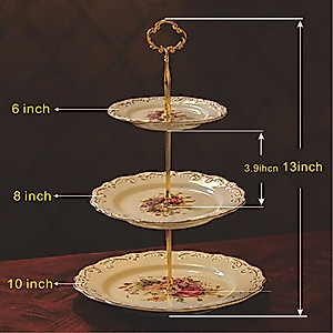 YOLIFE 3 Tiered Cupcake Stand, Cream Color Cake Platters, Flowering Shrubs Emboss Golden Leaves Edge Porcelain Tea Serving Tower Tray for Party Dessert Pastry
