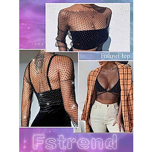 Fstrend Mesh Body Chains Crystal Long Sleeve Fishnet Crop Tops Rhinestone See Through Cover up Bikini for Women