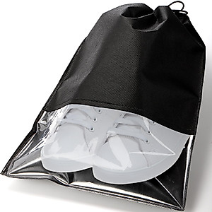 Coloch 30 Pack Non-woven Travel Shoes Bags with Rope, Black Large Shoes Packing Pouch Portable Multifunctional Organizer Bag with Clear Window for Shoes, Towel, Clothes, Toys, Home and Travel Use