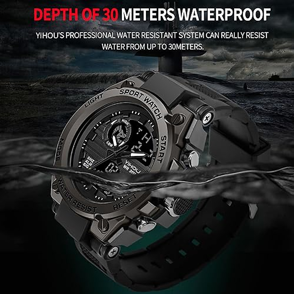 Yihou Men's Military Watch Outdoor Sports Electronic Watch Tactical Army Wristwatch LED Stopwatch Waterproof Digital Analog Watches