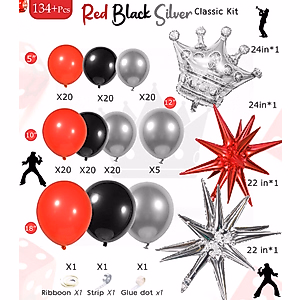 Black and Red Silver Balloon Garland kit 135Pcs Latex Chrome Silver and Crown star balloons for Birthday Party anniversary wedding graduation Christmas happy grad decorations 2025