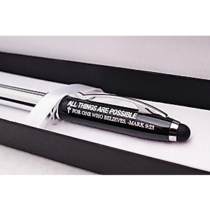 Mark 9:23 Christian Gift Pen with Engraved Bible Verse - "All Things Are Possible for One Who Believes" - Religious 3-in-1 Scripture Prayer Pen with LED Light and Stylus