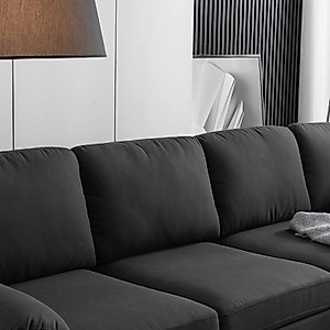 Reversible Sectional Sofa L-Shaped Deep Seated 4-Seater Modern Linen Sofa Couch with Chaise Lounge Iron Feet Indoor Modular Sofa for Living Room (Black)