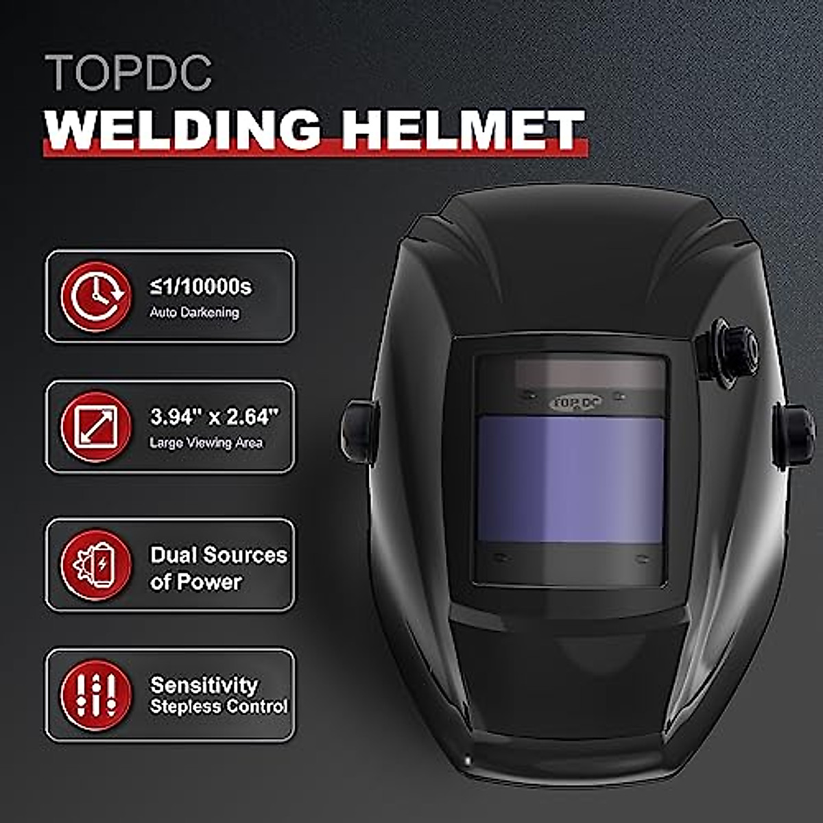 TOPDC Large Viewing Screen 3.94" x 2.64" Auto Darkening Welding Helmet, Solar/Battery Powered Welder Mask, Weld Hood 4 Arc Sensor Wide Adjustable Shade DIN 4/5-9/9-13 for MIG, TIG, ARC
