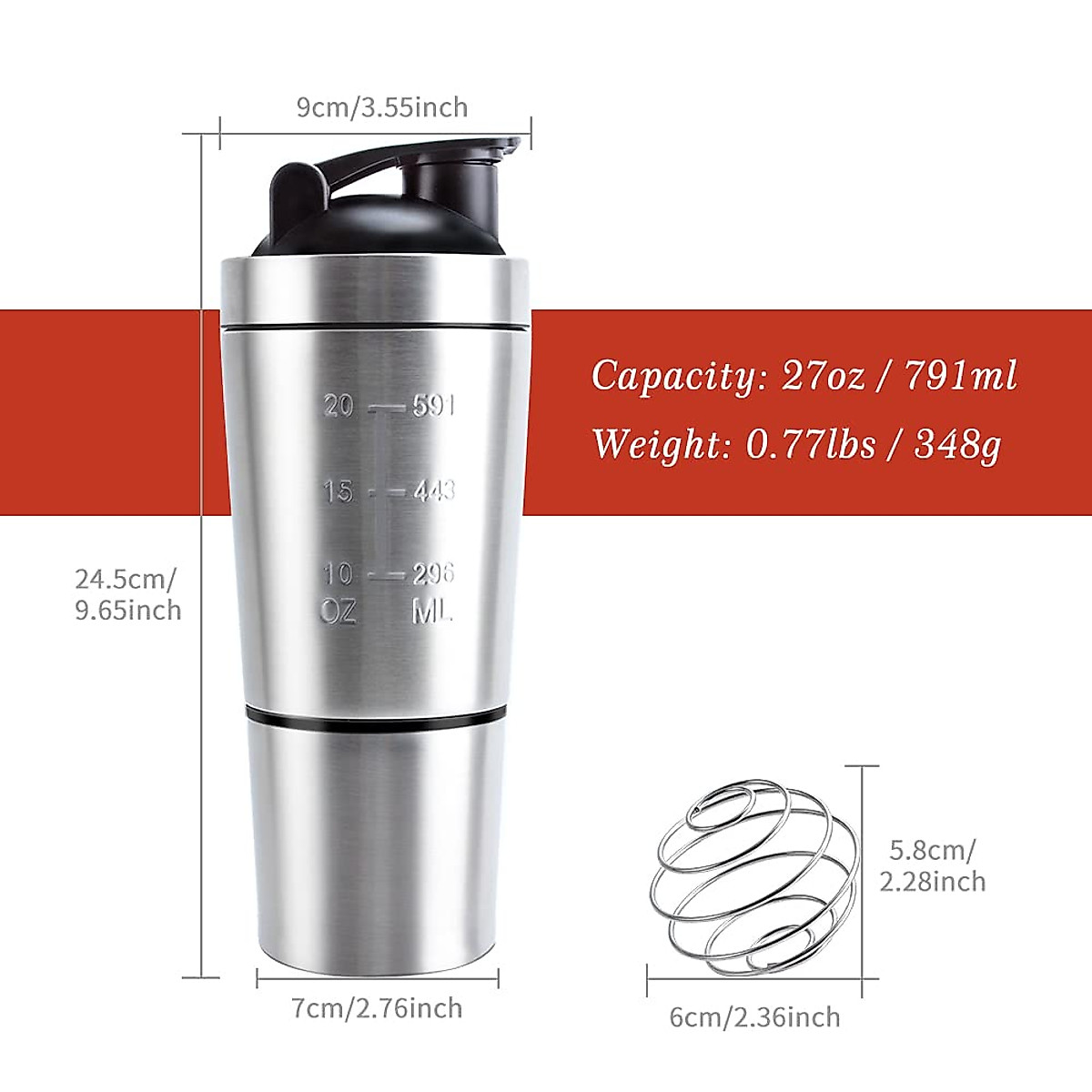 VALESKA Upgraded Shaker Bottle for Protein Mixes, Protein Shaker Bottle(27oz), Shaker Bottle with Storage for Powder, Stainless Steel Shaker Bottle with Wire Whisk, BPA Free, Leak Proof Design