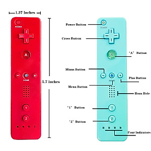 JTao-tec Wii Controller, 2 Packs Wii Controller and Wii Nunchuck for Wii and Wii U Console, with Silicone Case and Wrist Strap (Red + Water Blue)