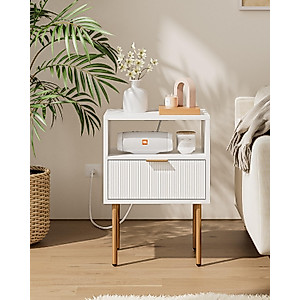 Aobafuir Nightstand with Charging Station, Drawer Dresser for Bedroom, Small Side Table with Drawer, Night Stand, End Table with Gold Frame for Bedroom, Living Room, Stripe White