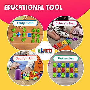 Skoolzy Rainbow Stacking Bears with Matching Sorting Cups 69 Piece Set, 60 Bear counters, Scissor Tongs, Rainbow Cups, Storage Bag, Sorting dice Game