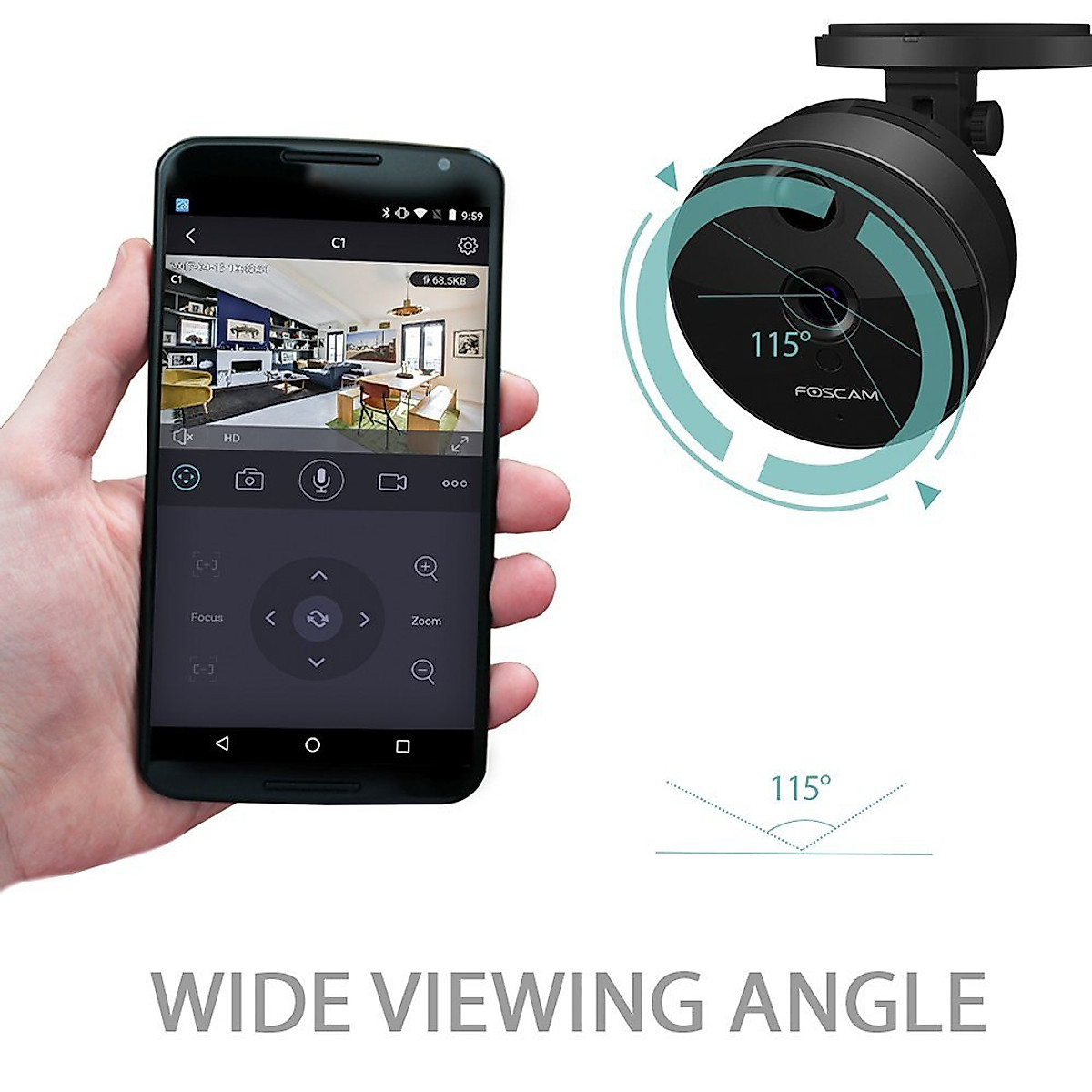 Foscam C1 HD 720P WiFi Security IP Camera with iOS/Android App, Super Wide 115° Viewing Angle, Night Vision Up to 26ft, PIR Motion Detection