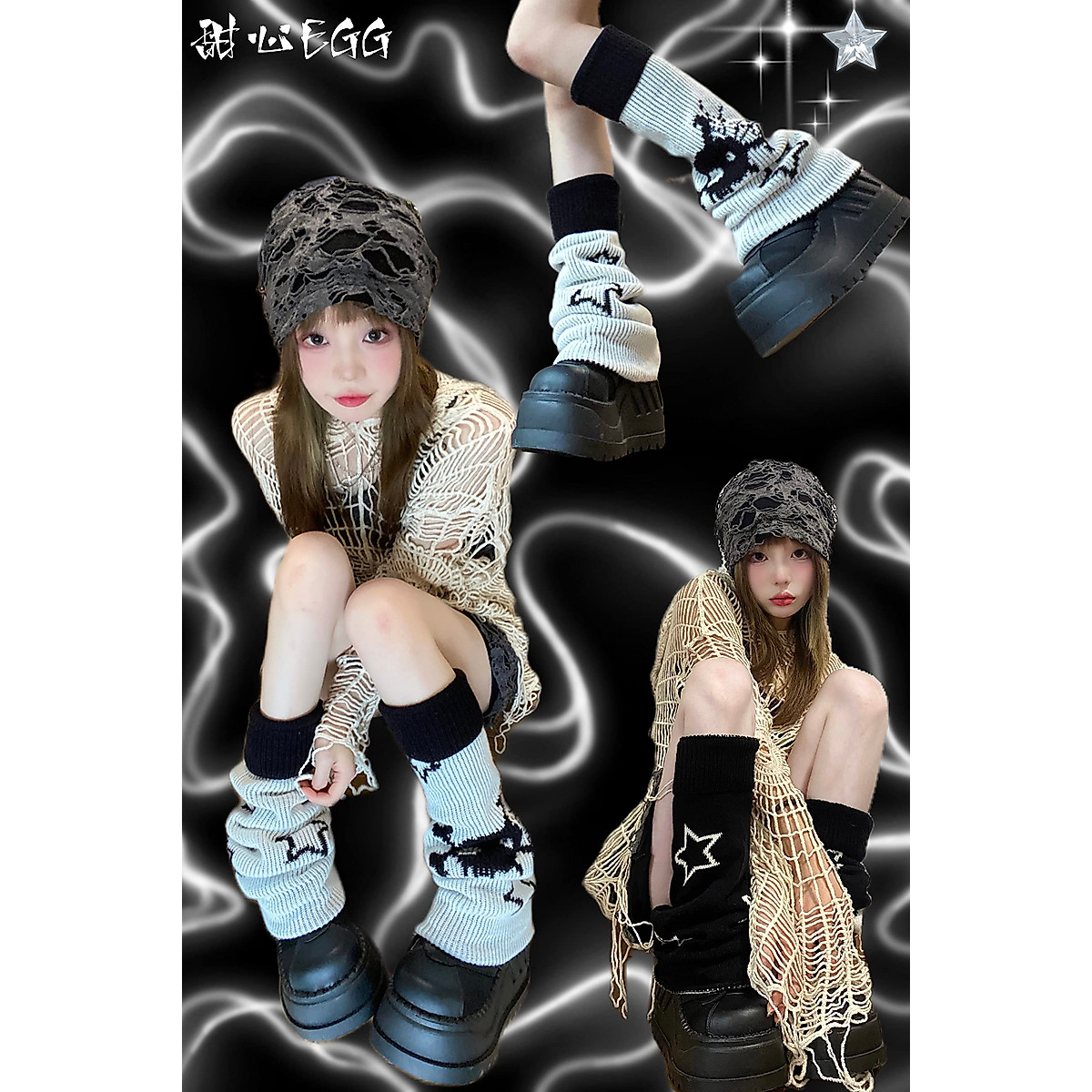 SmilePunk kawaii Winter Leg Warmers Knitted Cute Subculture Half Sleeve Foot Leg Warm Socks Cycling Christmas Gift Women (purple)