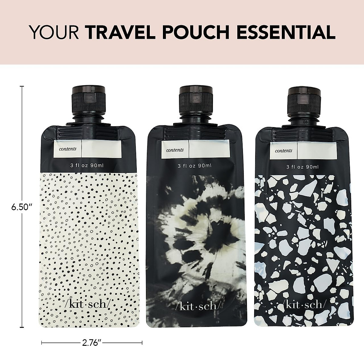 Kitsch Travel Bottles for Toiletries, TSA Approved 3oz Travel Size Containers, BPA Free Leak Proof Refillable Liquid Squeeze Travel Pouches for Shampoo Conditioner, Flat Travel Tubes for Lotion 3 Pack