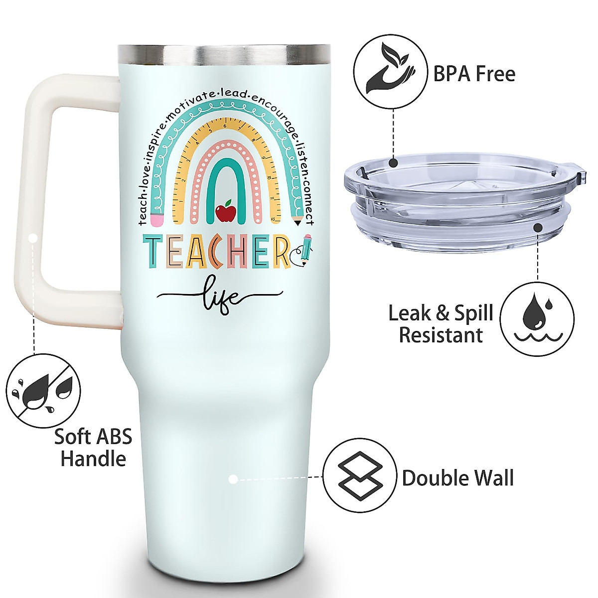 thmasamwr 40oz Teacher Tumbler with Handle, Stainless Steel Teacher Water Bottle Cup, Teacher's Travel Coffee Mug, Thanksgiving,Christmas,Graduation Gifts for Teachers