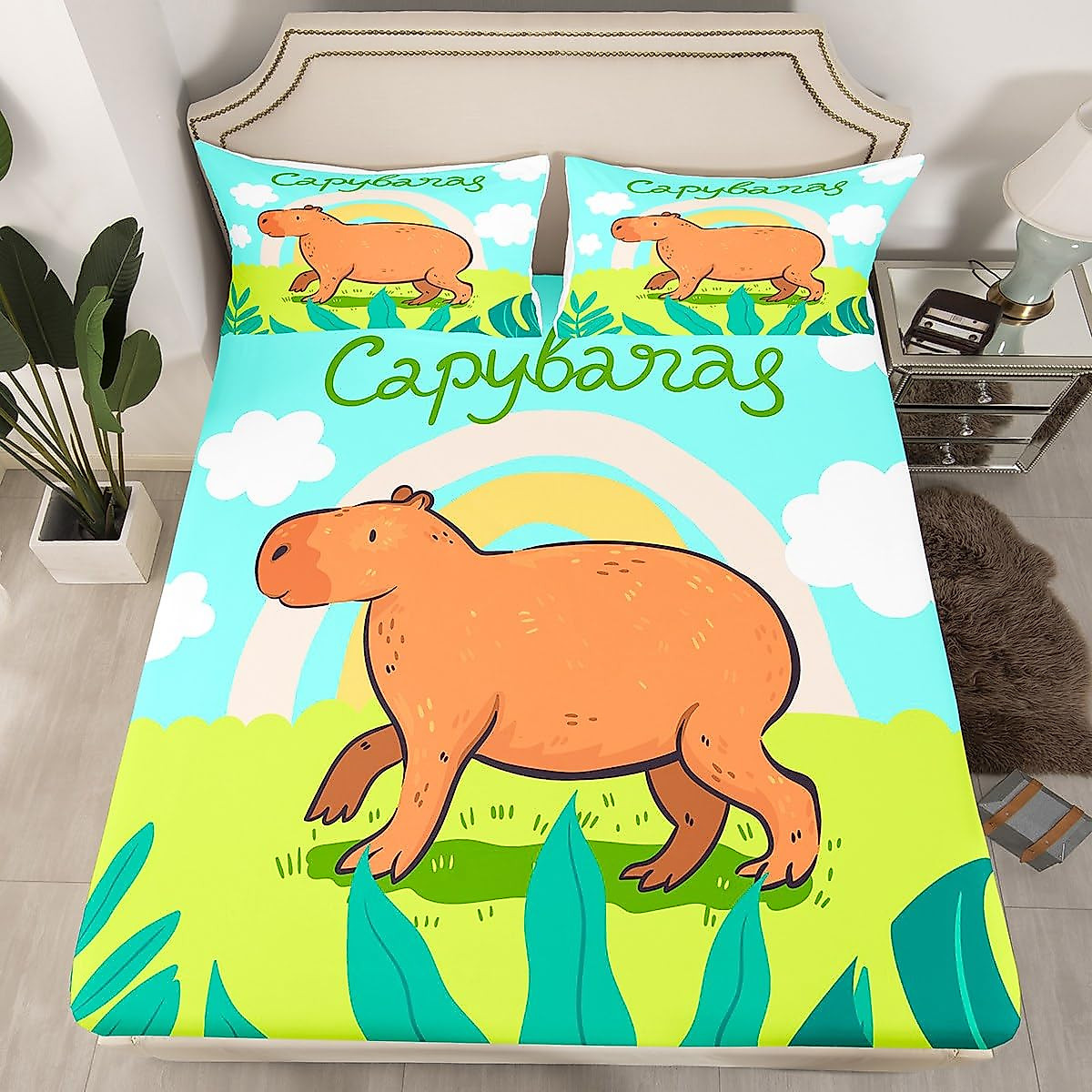 Erosebridal Cute Capybara Bed Sheets Set Full Size Rainbow Sheet Set 4 Piece Kawaii Rodent Animals Capybaras Fitted Sheet Green Palm Leaves Print Flat Sheet Funny Capybaras Sheets