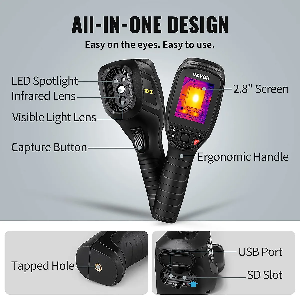 VEVOR Thermal Imaging Camera, 240x180 IR Resolution with 2MP Visual Camera, 20Hz Refresh Rate Infrared Camera with -4℉~1022℉ Temperature Range, 64G Built-in SD Card and Rechargeable Li-ion Battery
