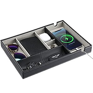 Procase PU Valet Tray for Dad Gift from Son Daughter - Nightstand Organizer EDC Dump Catchall Trays with Phone Charging Station, Dresser Top Entryway Faux Leather Storage Box -Black