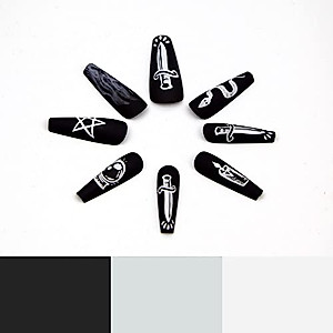 Fantasticlady Medium Coffin Press On Nails,Dark goth grily style with Tarot Design,Black undertone False Nails,Matte On Nails for Women and Girls