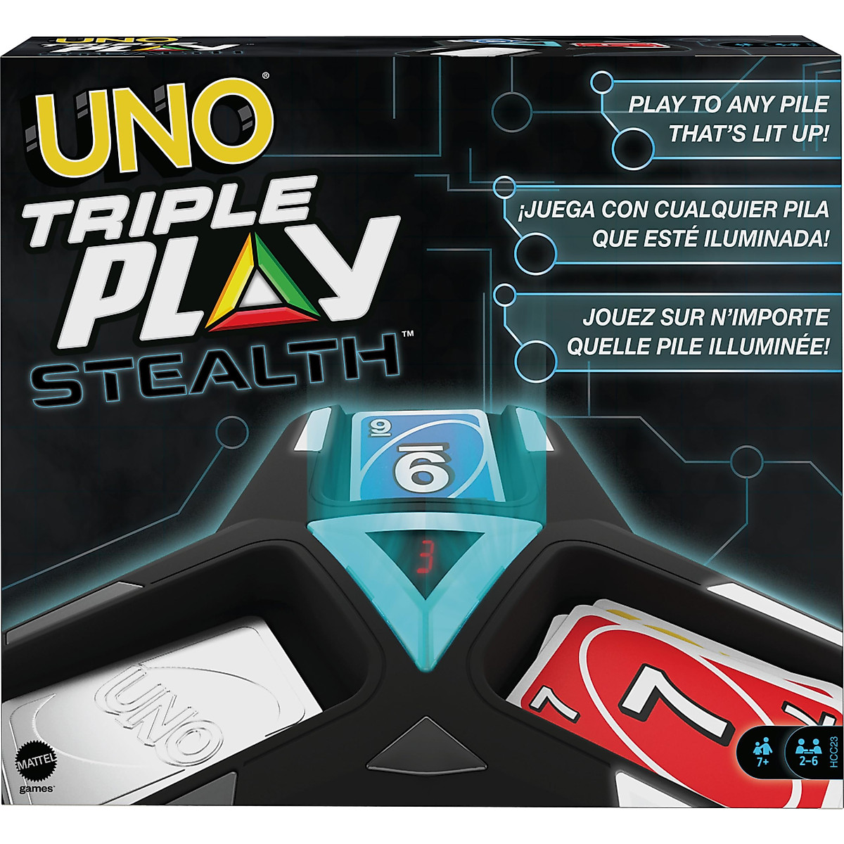 Mattel Games UNO Triple Play Card Game for Family Night with 3 Discard Piles, Lights & Sounds, Special Stealth Mode