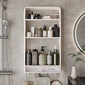 LURIVA Plastic Bathroom Shelves with 2 Drawers & Towel Bar, No Drilling, Bathroom Organizers and Storage, Over Toilet Storage, Wall Mount Shower Organizer, Shower Caddy, Bathroom Wall Cabinet