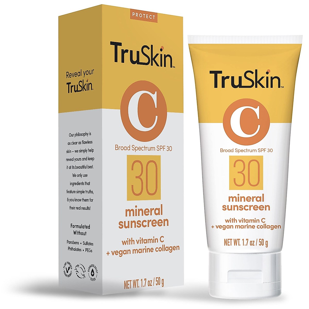 TruSkin Mineral Face Sunscreen SPF 30 – Broad Spectrum Mineral Sunscreen for Face with Zinc Oxide, Vitamin C & Vegan Marine Collagen – Lightweight Sunscreen for Sensitive Skin, 1.7 fl oz