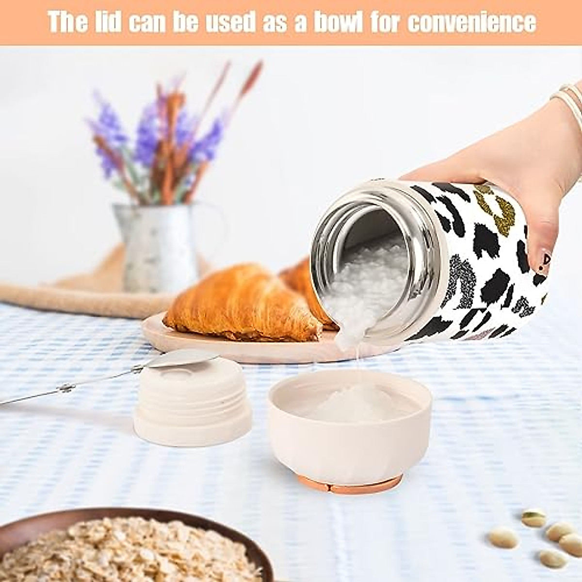 CUPADA Animal Skin Leopard Food Jar for Hot and Cold, Abstract Insulated Food Jars Vacuum 17OZ with Folding Spoon for Work Trip Picnic Camping