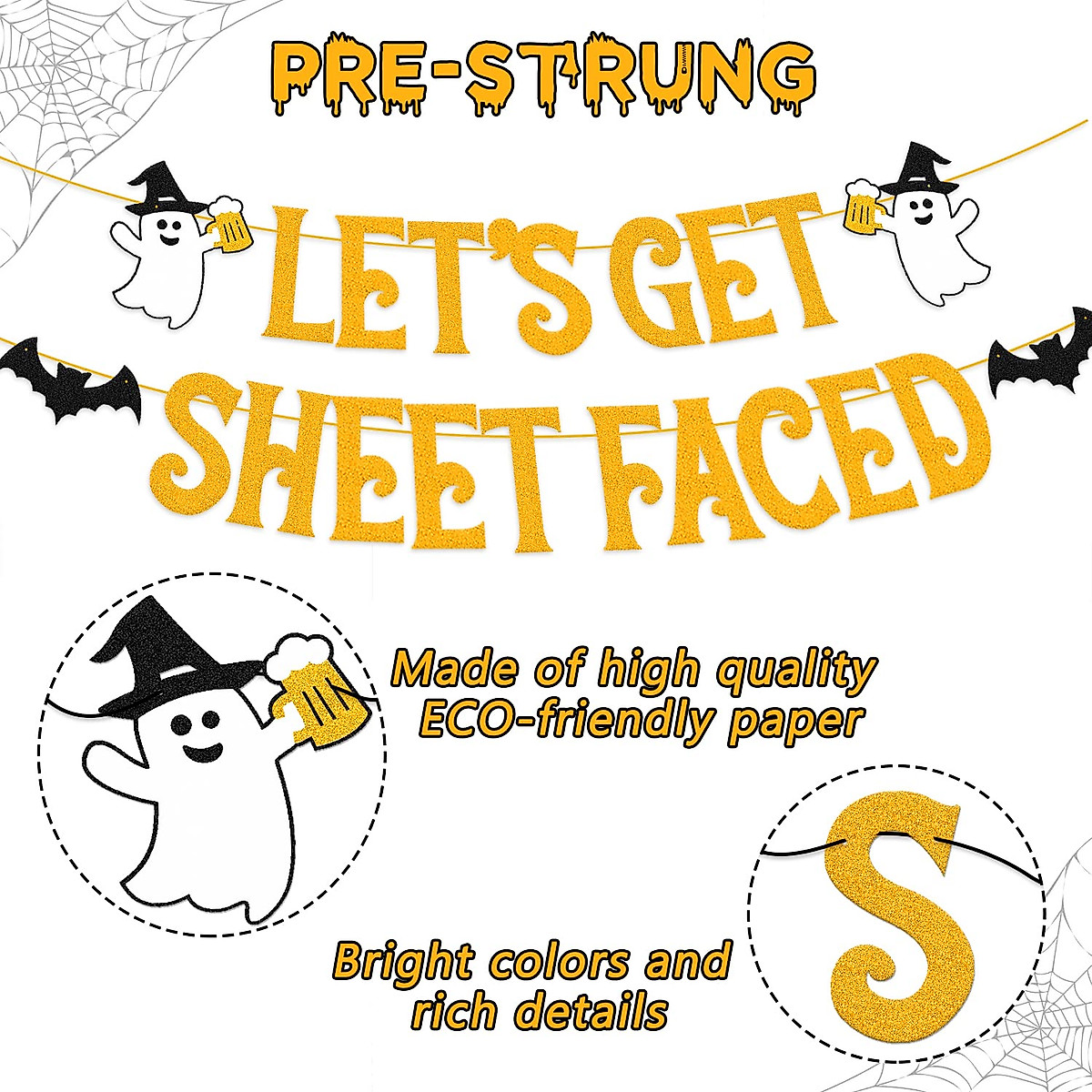 36 PCS Halloween Party Decorations Lets Get Sheet Faced Banner Black Foil Curtains Backdrop Bat Ghost Wall Decor Halloween Haunted House Witches Theme for Kids Boy Girl Halloween Party Supplies