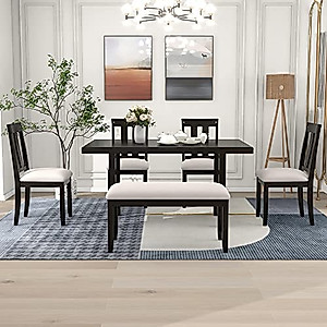 Merax Rustic Style 6-Piece Wood Rectangular Table Set with 4 Chairs & Bench for Dining Room, Espresso+Grey