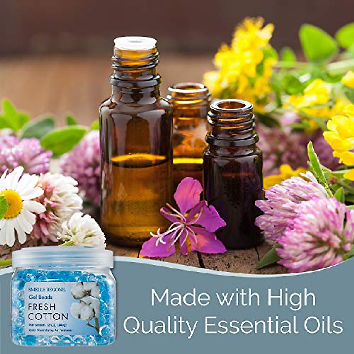 SMELLS BEGONE Odor Eliminator Gel Beads - Air Freshener - Eliminates Odor in Bathrooms, Cars, Boats, RVs & Pet Areas - Made with Essential Oils - Fresh Cotton Scent - 12 Ounce