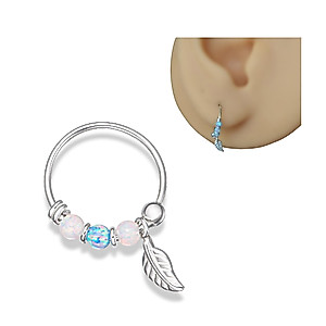 Handmade Silver Single 10MM Cartilgae Helix Piercing Hoop Earring with Trio White & Blue Opal & Tiny Leaf, 925 Sterling Silver Very Small 10MM Thin 22 Gauge Hoop for women, By Miya Jewelry