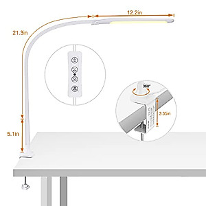 HAILOLY Desk Lamps for Home Office, White Desk Lamp with Clamp, LED Desk Lamp with USB Port,Eye-Caring Office Light Dimmable, Clamp Lamp for Desktop,Workbench