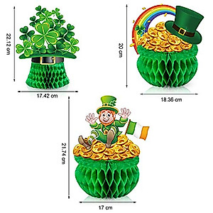 Blulu St Patrick Honeycomb Decoration, Cute Pot-O-Gold Centerpiece Shamrock Leprechaun Tissue Irish Clover Paper Table Topper for Saint Patrick Party Accessory 7.87-8.6 inch (3 Pieces)