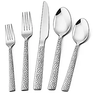 Herogo Stainless Steel Hammered Square Silverware Set for 4, 20-Piece Fancy Flatware Cutlery Set, Metal Tableware Eating Utensils Set for Home Restaurant Wedding, Dishwasher Safe