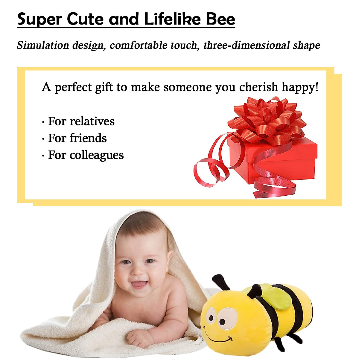 zhidiloveyou Plush Bee Stuffed Animal, Bumblebee Hug Pillow Kawaii Toy for Kids, 17.72 inch
