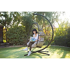 Barton Premium Egg Chair Egg Style Hanging Chair Beige w/Deep Cushion Soft Relaxing Luxury Outdoor Indoor Patio Bedroom Hanging Swinging