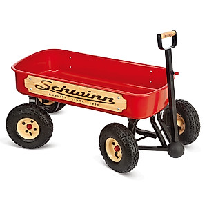 Schwinn Quad Steer 4x4 Wagon for Kids Red, Large Air-Filled Tires, Extra Deep Heavy Gauge Steel, Telescopic Extendable Handle, Real Wood Panels, Easy Assemble