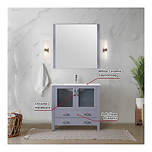 Lexora Volez 36 in W x 18.25 in D Dark Grey Bath Vanity, White Ceramic Top, Faucet Set and 34 in Mirror