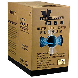 Vertical Cable CAT5E, 350 MHz, UTP, 24AWG, 8C Solid Bare Copper, Plenum, 1000ft, Blue, Bulk Ethernet Cable
