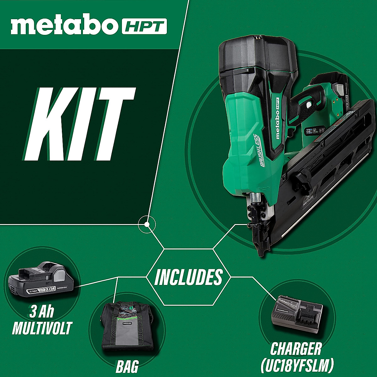 Metabo HPT 18V MultiVolt™ Cordless Framing Nailer Kit | Accepts 2-Inch up to 3-1/2-Inch Clipped & Offset Round Paper Strip Nails | 30 Degree Magazine | NR1890DCS