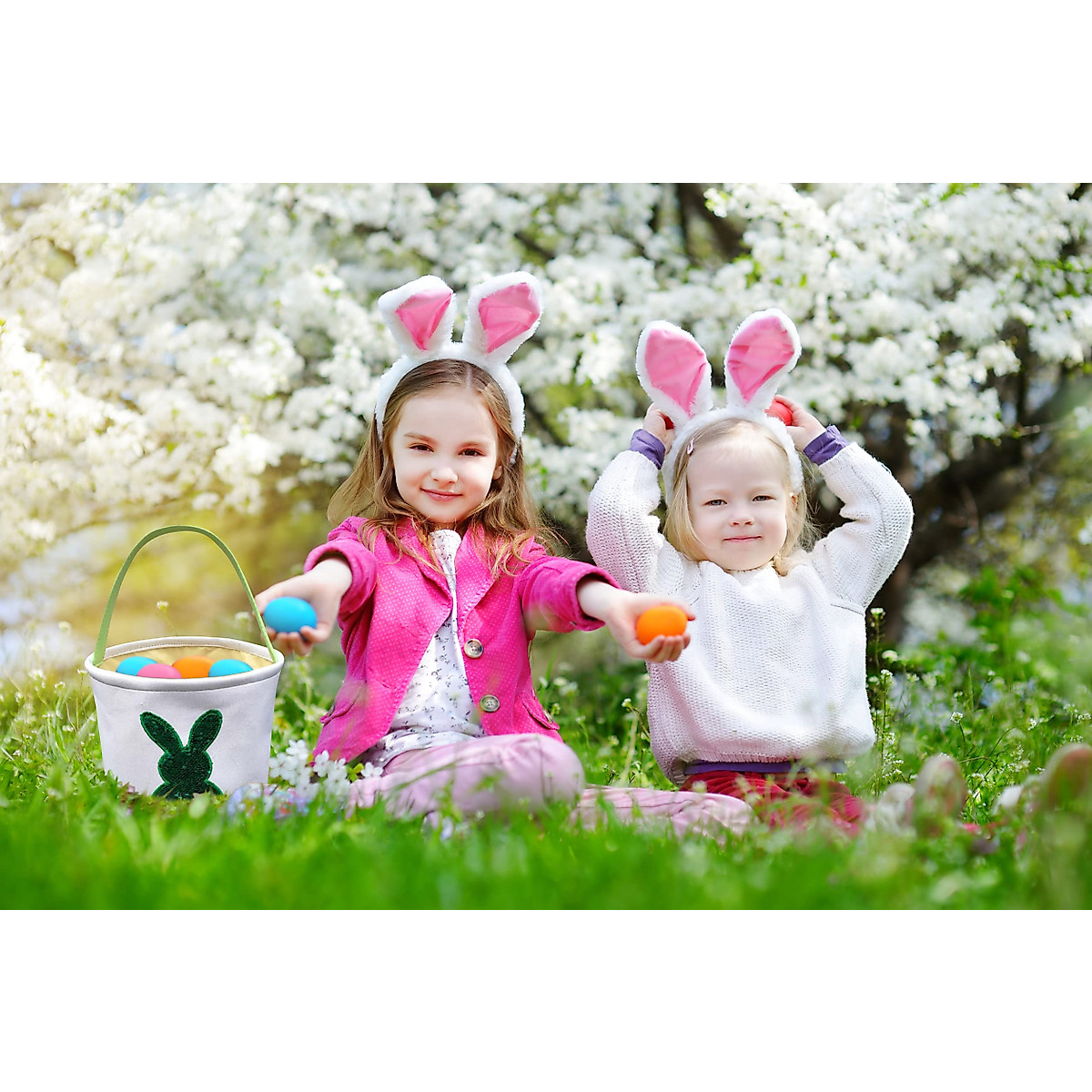 Jolly Jon Easter Bunny Basket Bag - Green to Silver Sequin Colors - Kids Easter Egg Hunt Baskets - Color Changing Reusable Party Bags - Rabbit with Cotton Tail Canvas Tote