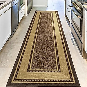 Ottomanson Ottohome Non-Slip Rubberback Bordered Design 3x10 Indoor Runner Rug, 2'7" x 9'10", Brown