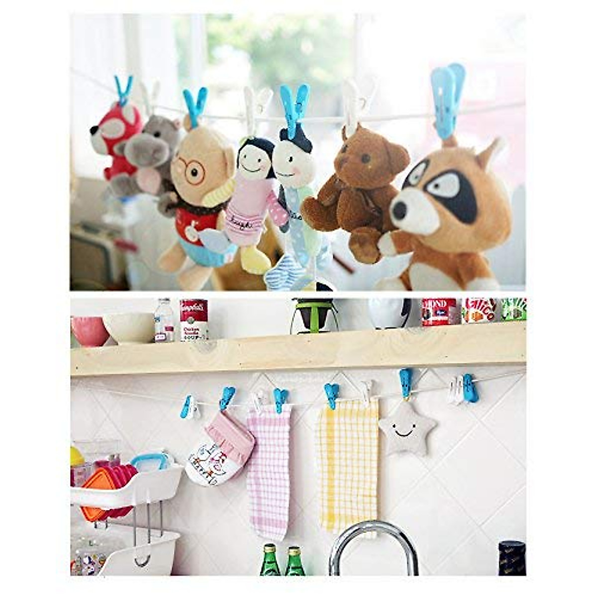 MONSTA Living Spring Clothespins - Plastic Soft Grip, Anti-Slip Clothes Pins with Sturdy Steel Springs - Blue &amp; White Attractive Clothing Line Clips - Top Air-Drying Clothing Pin Set (Pack of 14)