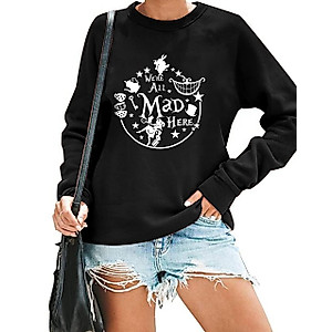 ASTANFY Alice in Wonderland Sweatshirt Women Vintage Mad Hatter Shirt Magic Kingdom Pullover Vacation Long Sleeve Tops Black
