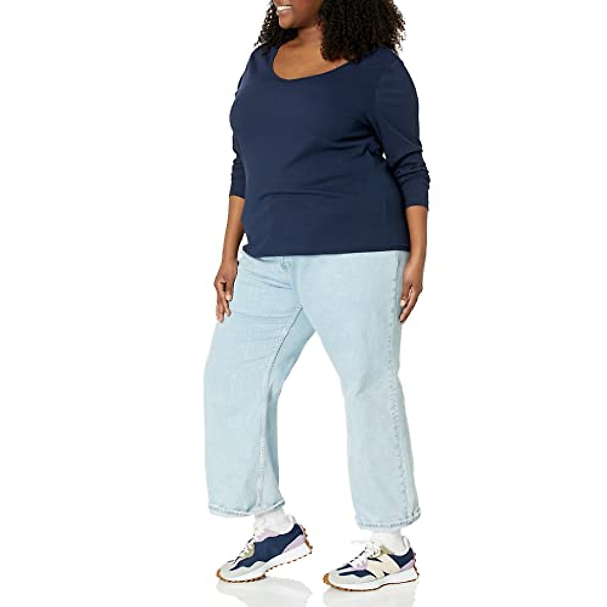 Amazon Essentials Women's Slim-Fit Layering Long Sleeve Knit Rib V-Neck (Available in Plus Size), Pack of 2, White/Navy, 3X